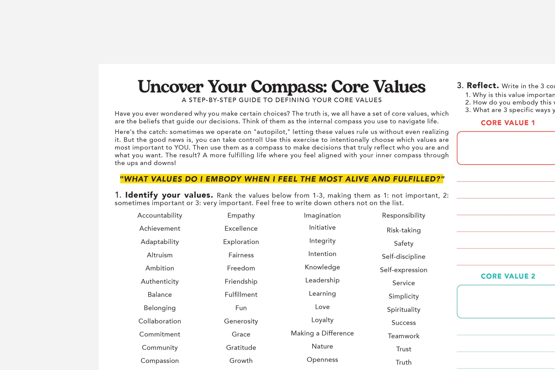 Core Values Worksheet PDF | Free Printable | Passion Planner