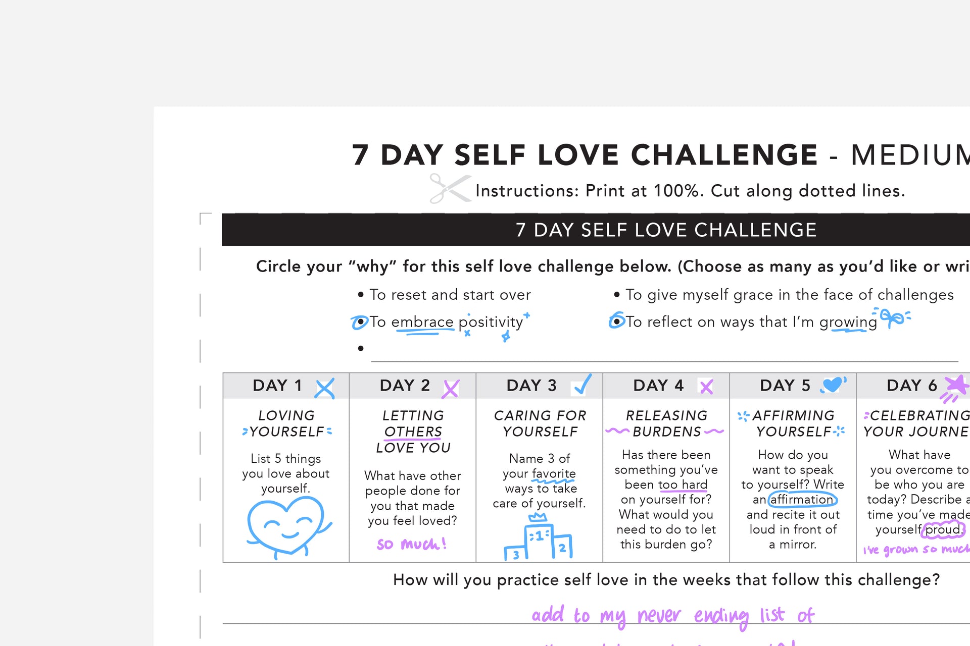 7 Day Self Love Challenge | Free Printable | Passion Planner
