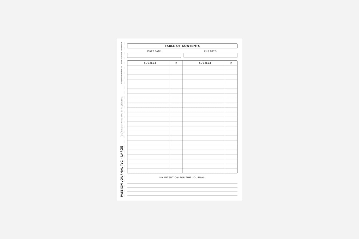 Passion Journal Table of Contents PDF | Free Printable | Passion Planner