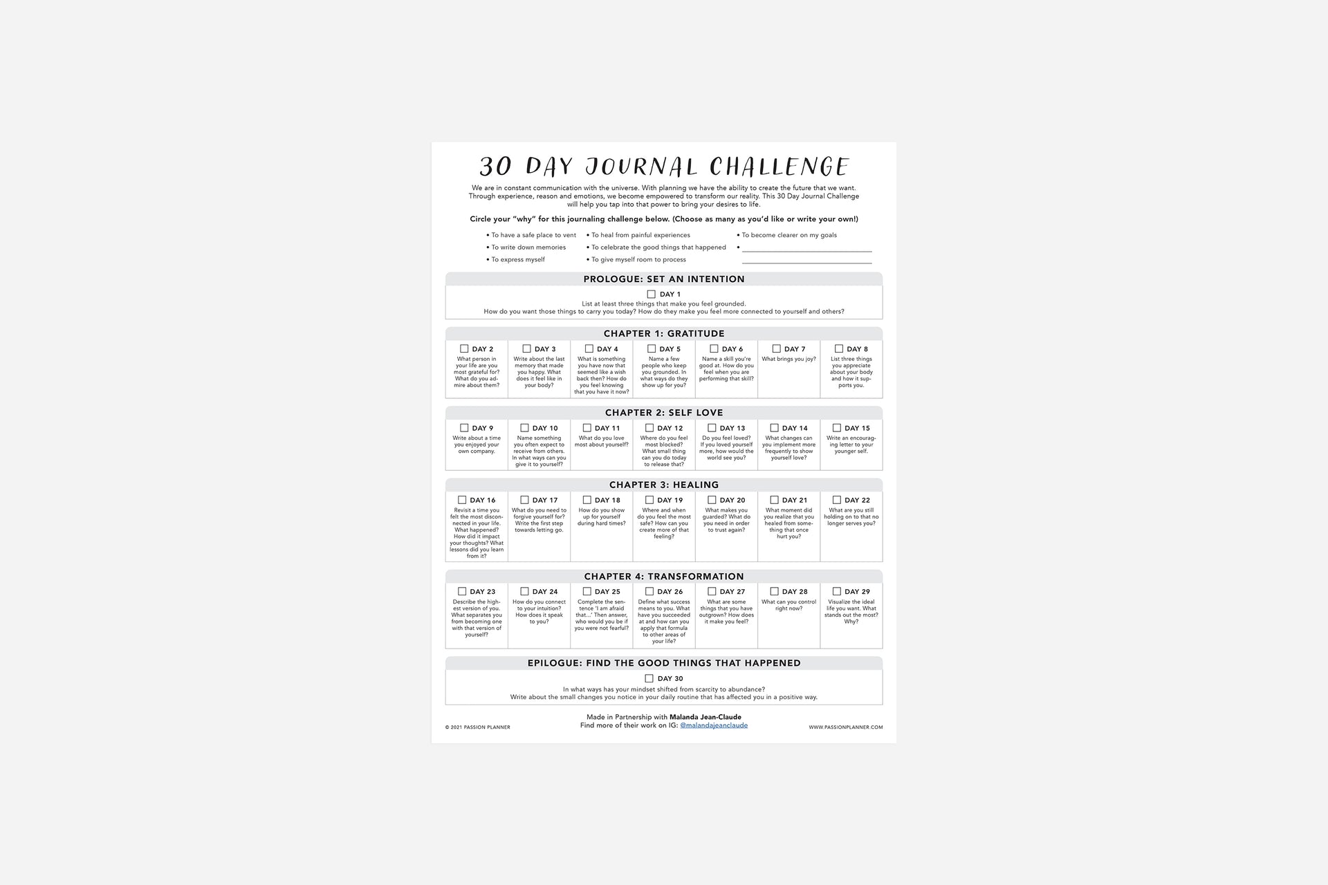 30 Day Journal Challenge PDF | Free Printable | Passion Planner
