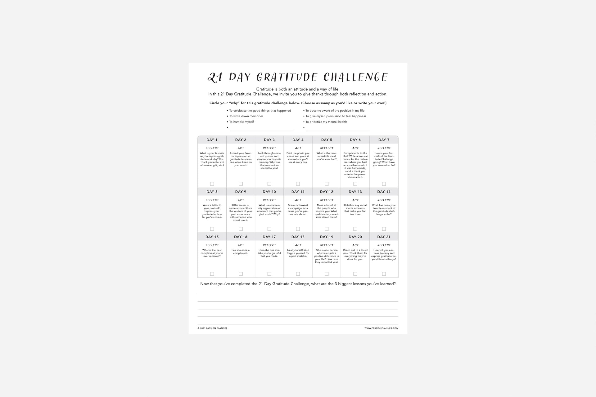 21 Day Gratitude Challenge PDF | Free Printable | Passion Planner
