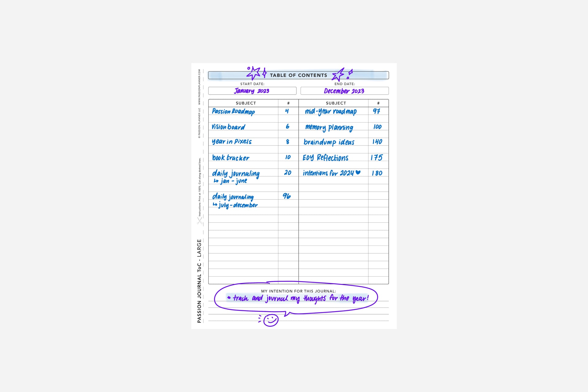 Passion Journal Table of Contents PDF | Free Printable | Passion Planner