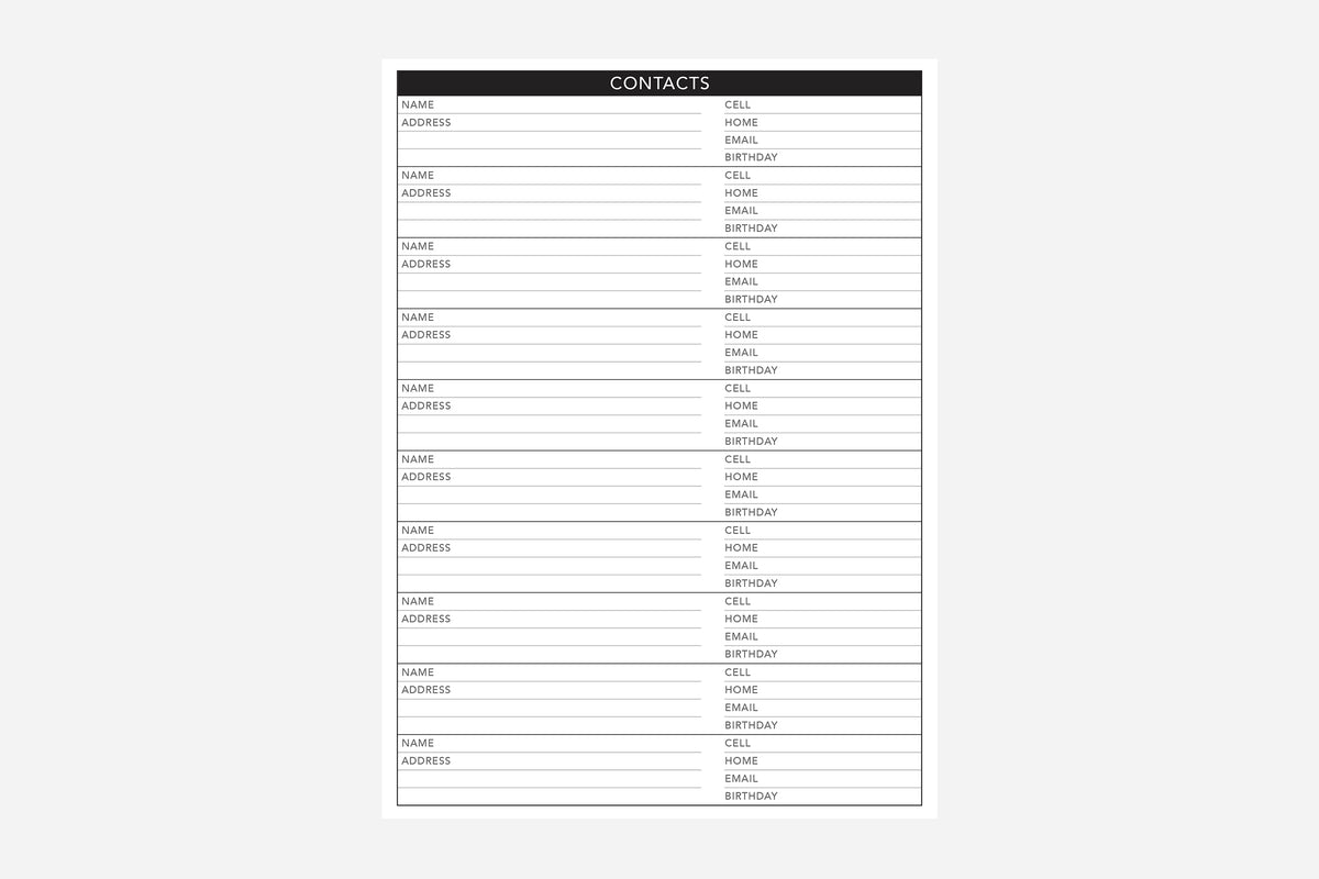 Contacts PDF | Free Printable | Passion Planner