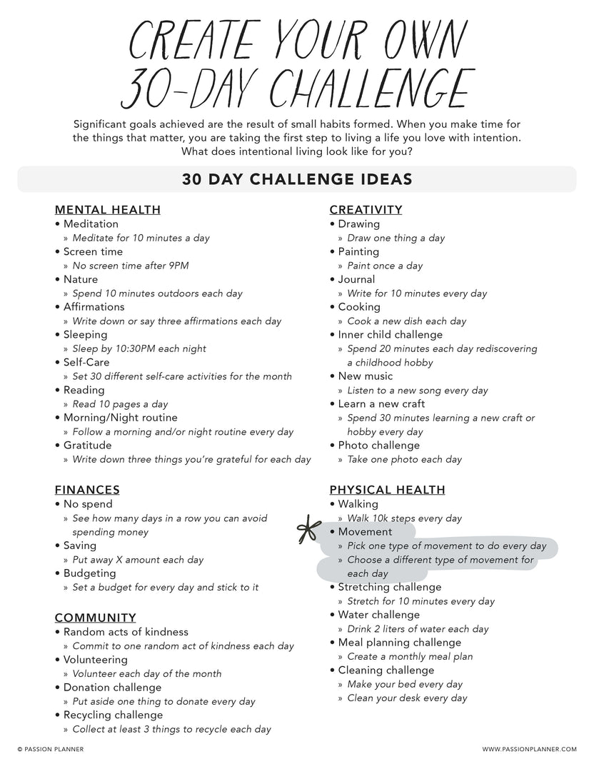 Create Your Own 30-Day Challenge | Free Printable | Passion Planner